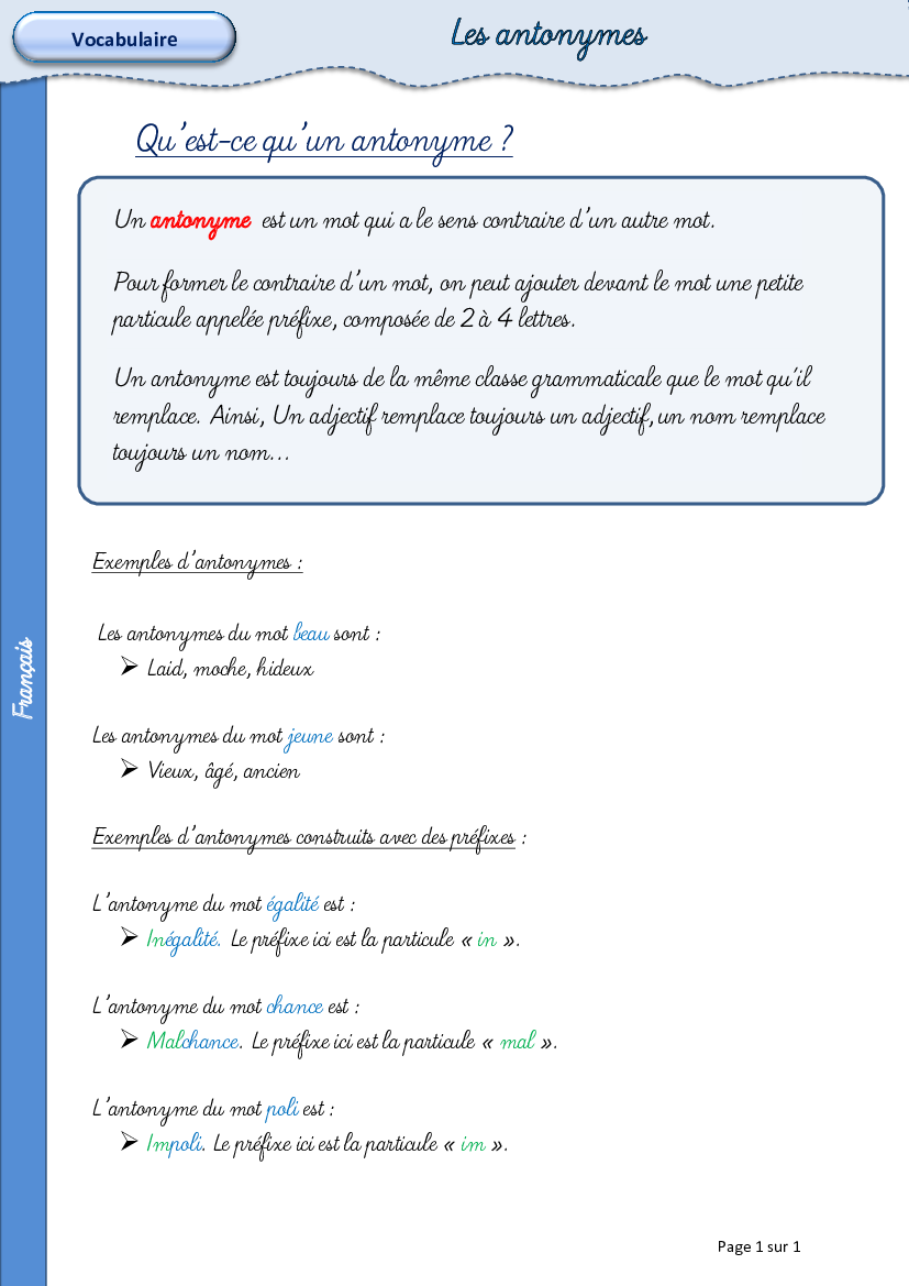leçons et excercices vocabulaire langue française