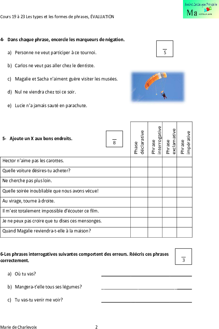'ma-revision.com 'evaluation-les-types-et-le-formes-de-phrase-corrigé