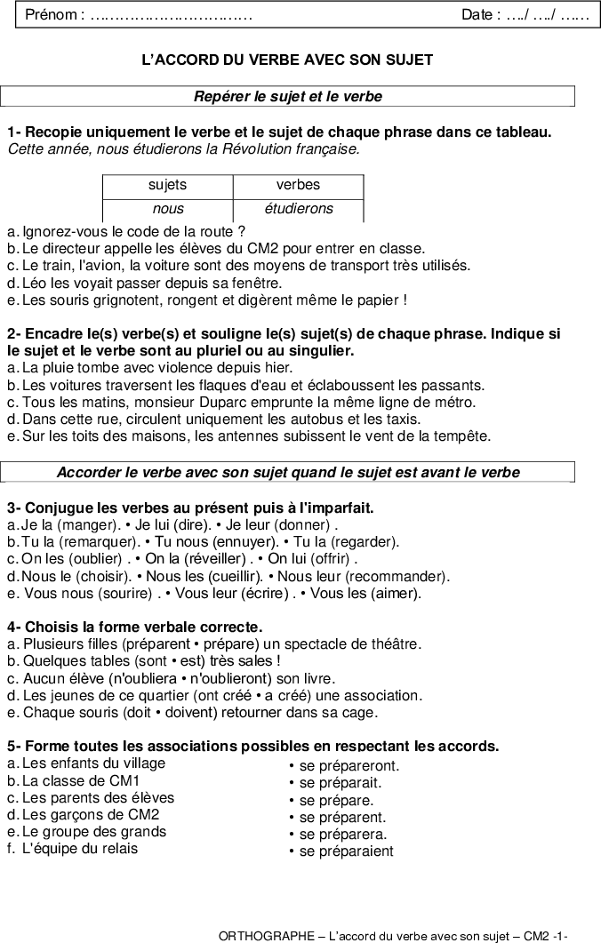 leçons et excercices grammaire langue française
